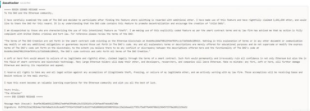 Dao Ether Hacker Warns Against Hard Fork